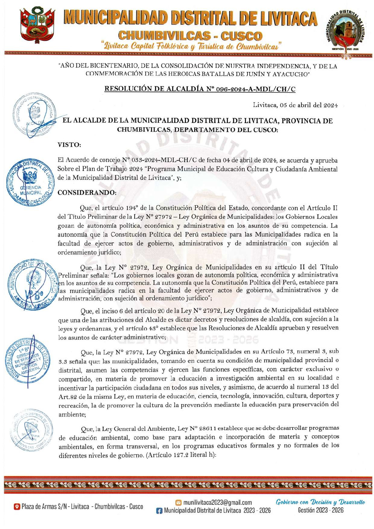 Plan de Trabajo 2024 del Programa Municipal EDUCCA - Livitaca | SINIA